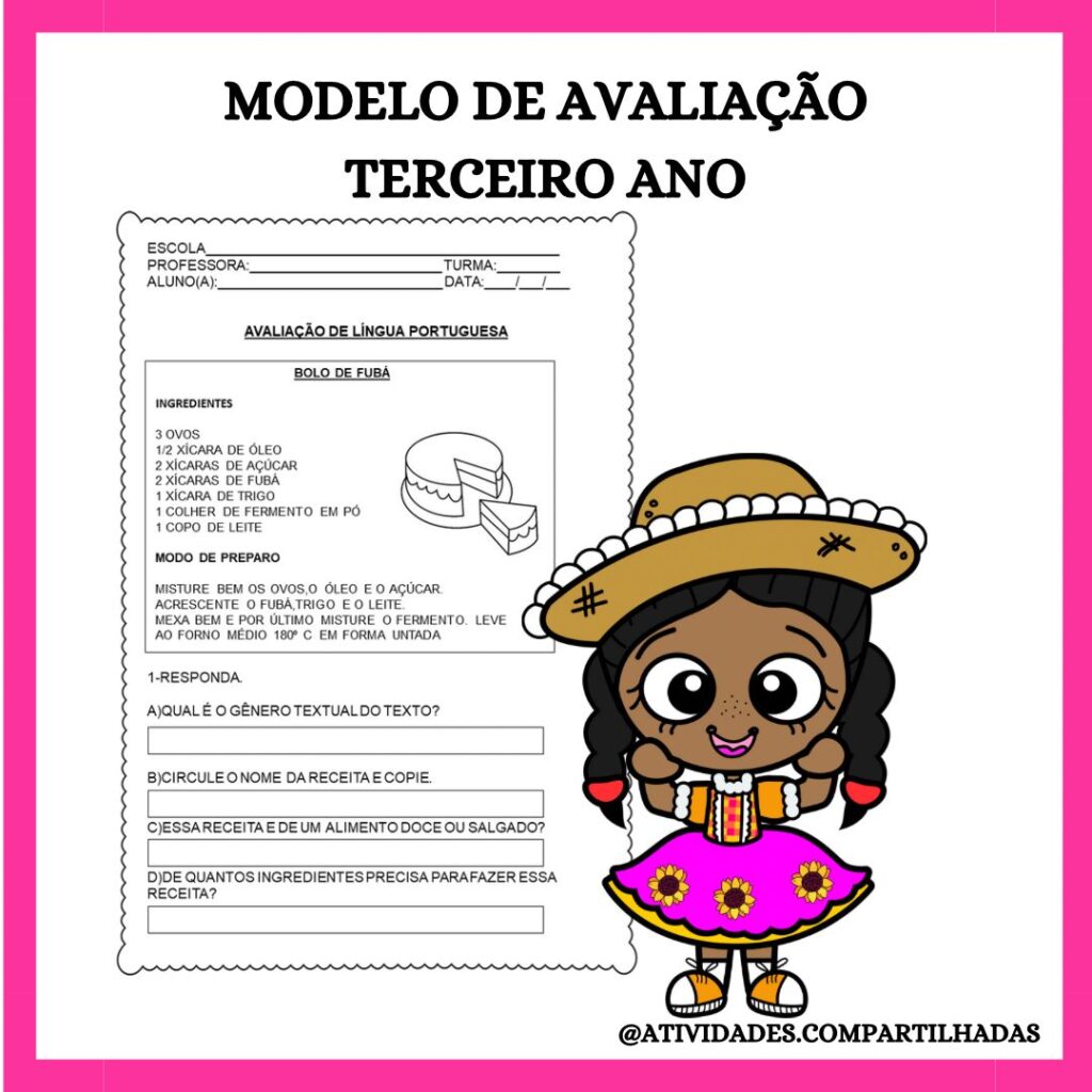 MODELO DE AVALIAÇÃO- TERCEIRO ANO - Atividades Compartilhadas